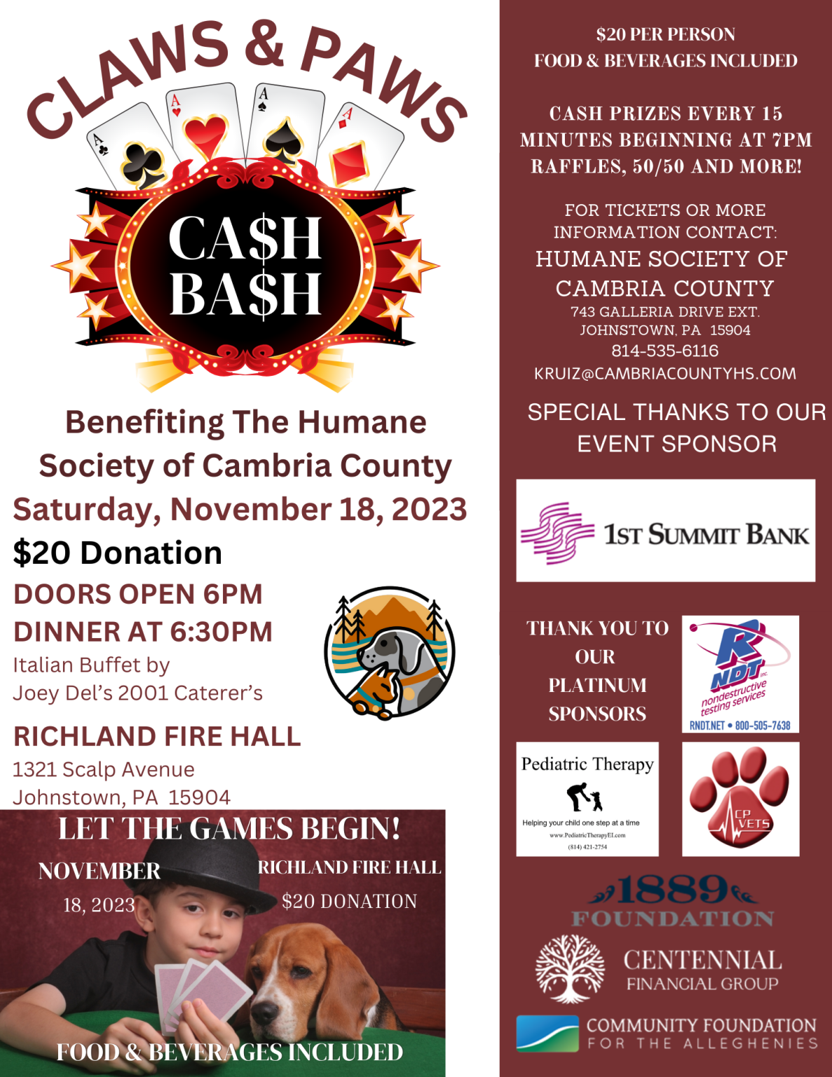 Claws & Paws Cash Bash - Humane Society of Cambria County PA