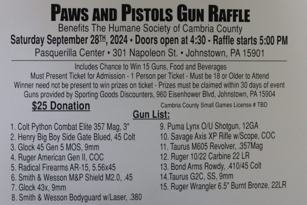 Paws and Pistols Gun Raffle - Humane Society of Cambria County PA